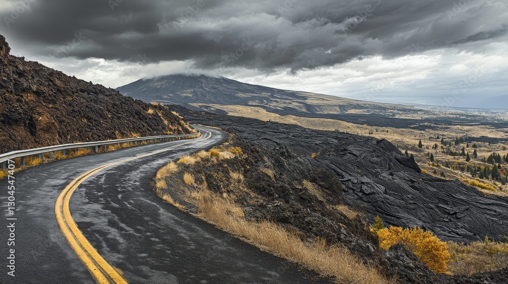 Winding mountain highway composition, barren volcanic slopes, steel ...