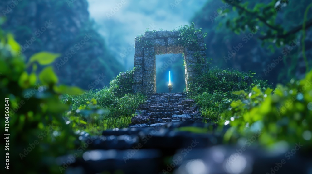 Radiant Hero at Labyrinth's Gate: Courageous Warrior with Glowing Sword ...