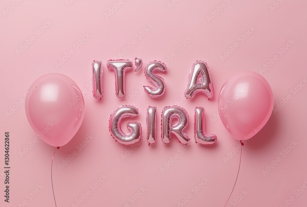 Pink balloon letters spelling 'It's a Girl' on a pastel pink background ...