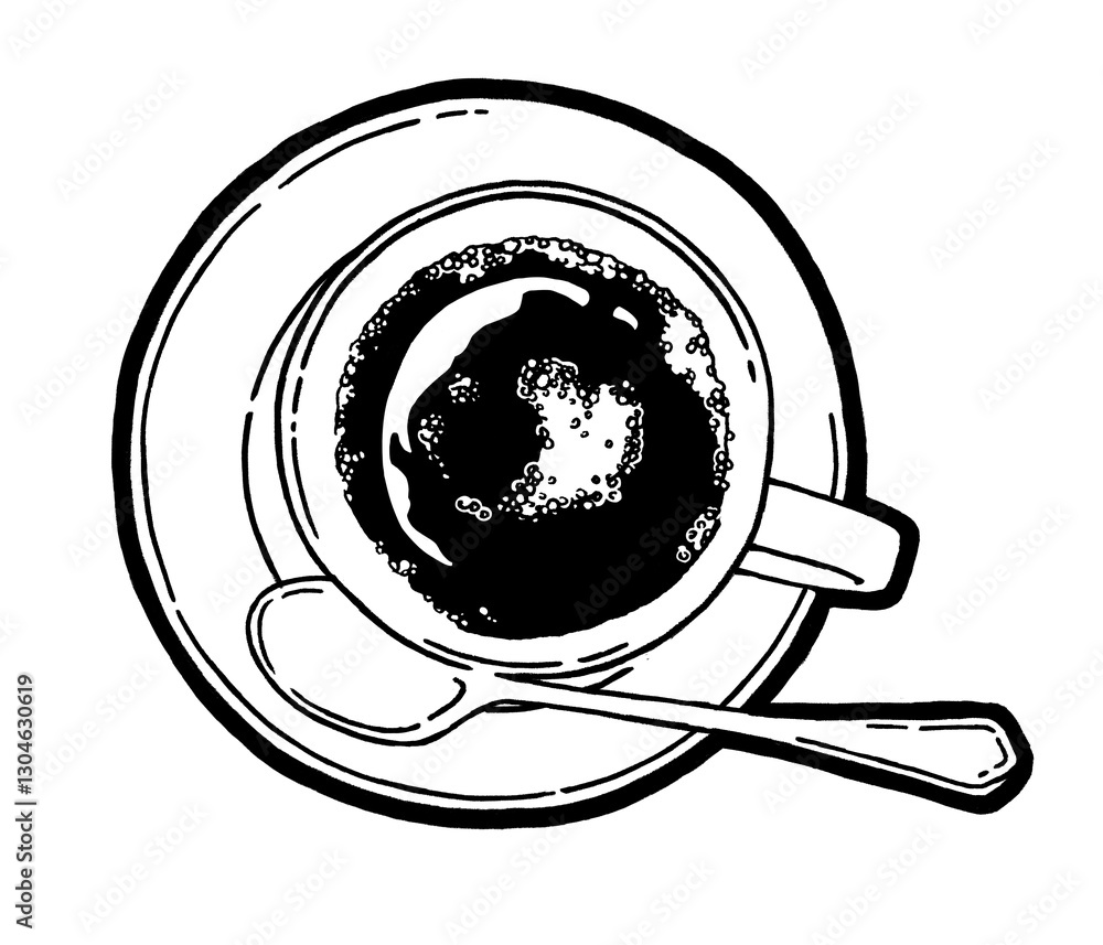 Cup of tea, coffee, espresso, teaspoon, teabag, chocolate bar. Ink hand ...
