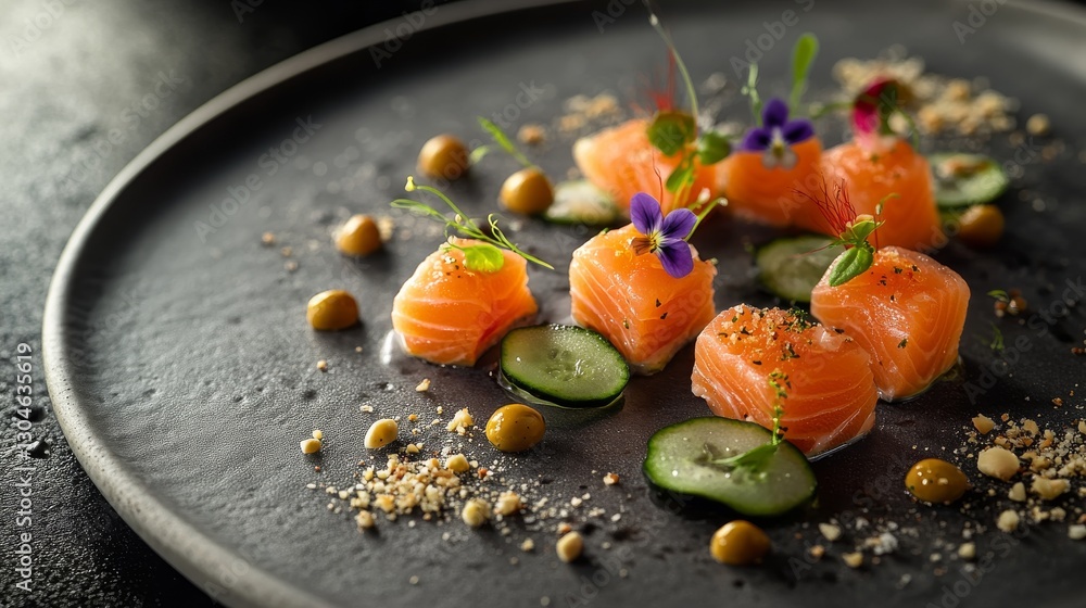Avant-garde salmon composition featuring smoke-infused salmon cubes ...