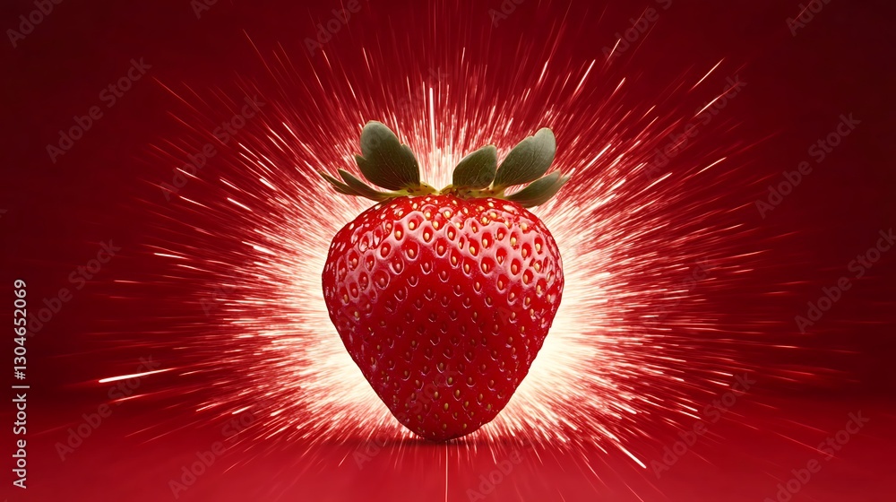 Strawberry exploding with sparkling light against a red background, for ...