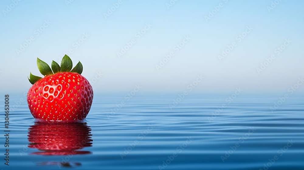 Strawberry floating in calm water with clear sky background; used for ...