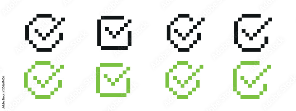 Pixel check box icons with green checkmarks for validation. Includes square and circular ...