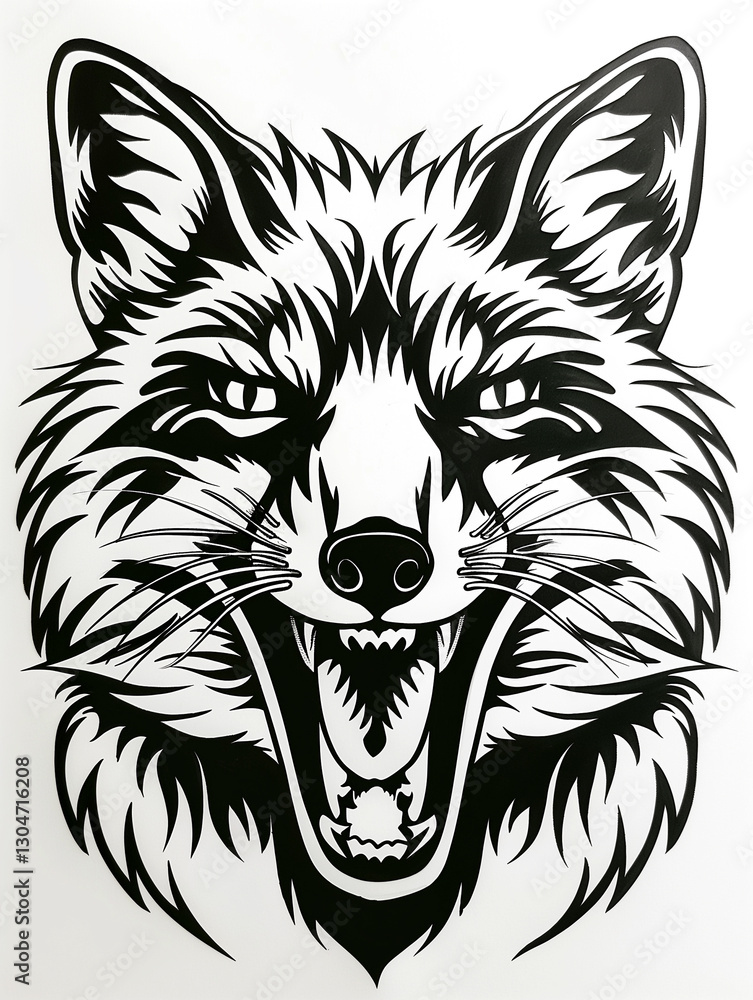 Black and white drawing of a fox with its mouth open and teeth bared ...