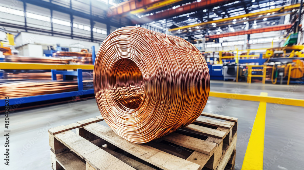 Copper wire coil on wooden pallet in industrial manufacturing facility ...
