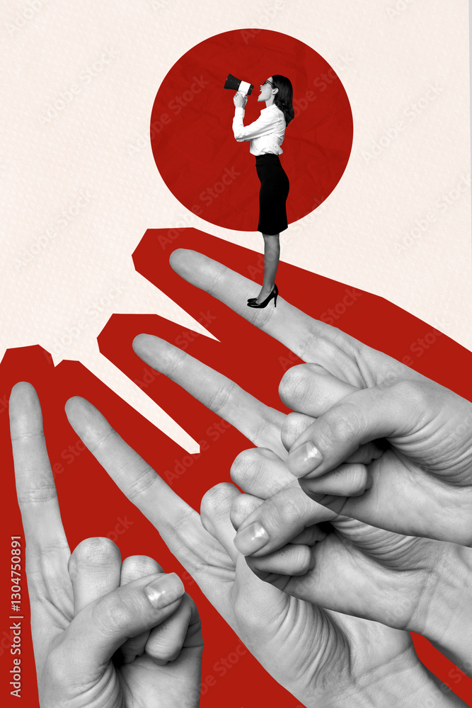 Art image vertical photo collage of angry girl activist hold megaphone ...