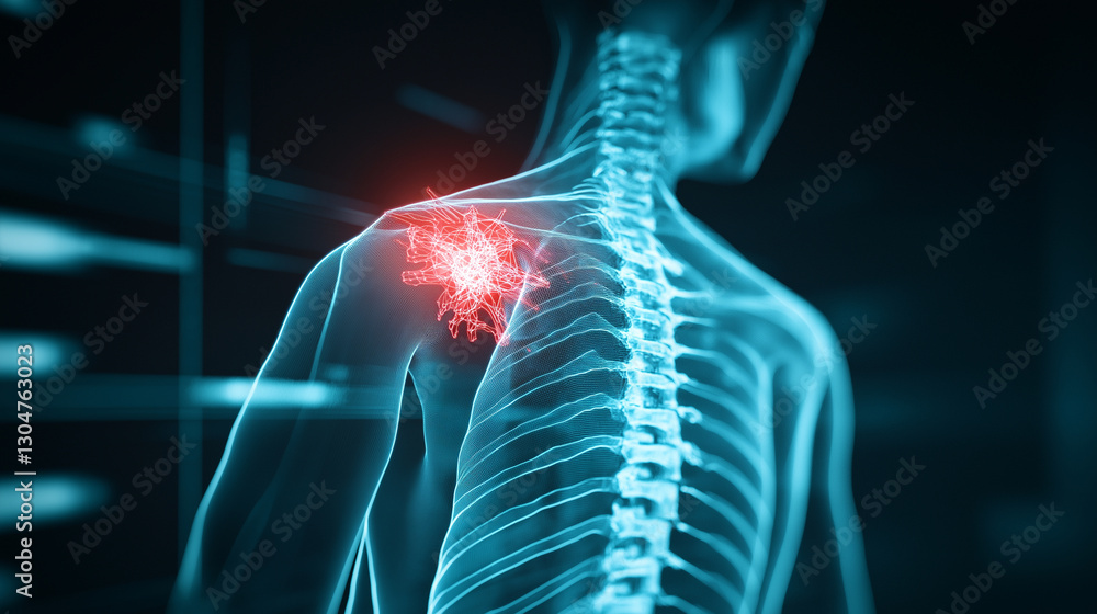 Detailed radiographic image of a shattered shoulder blade, with spinal ...