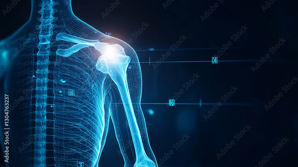 High-tech orthopedic X-ray, displaying a damaged shoulder blade with ...