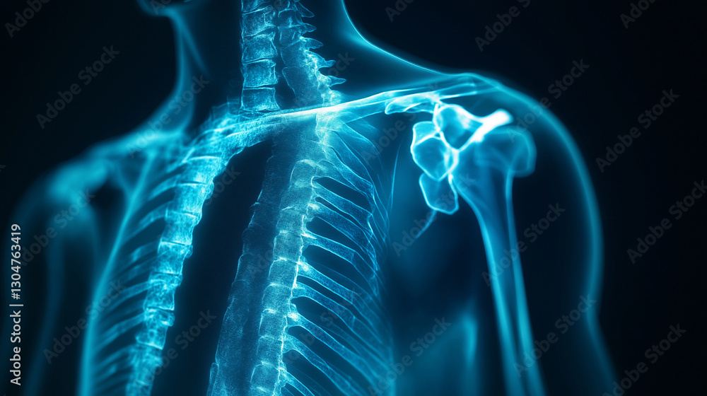 Trauma-diagnosing orthopedic X-ray, with a cracked shoulder blade and ...