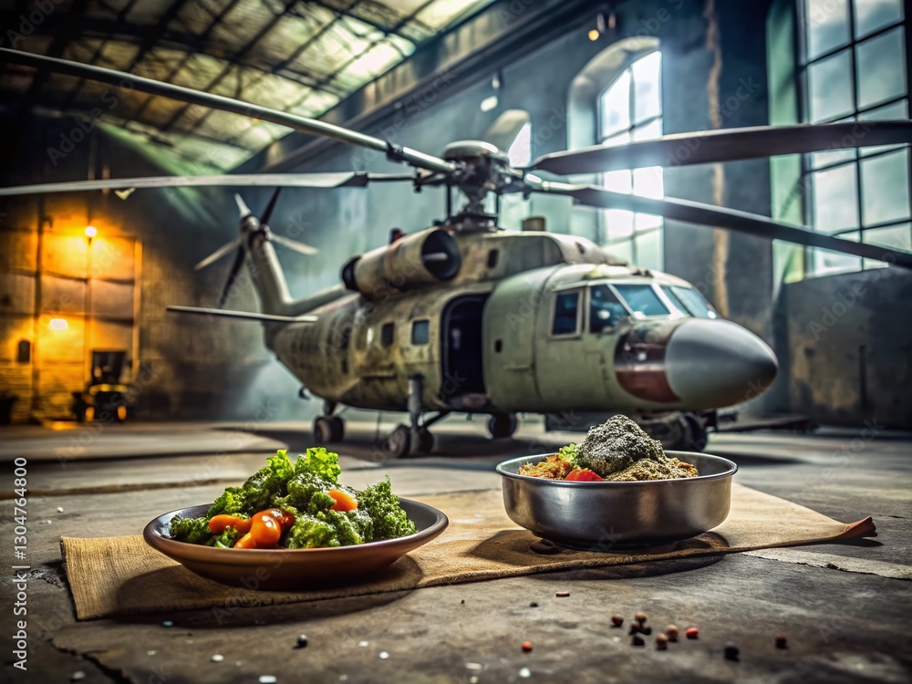 Soviet Helicopter Mi-24 Hind Gunship with Military Ration Meal, Cold ...
