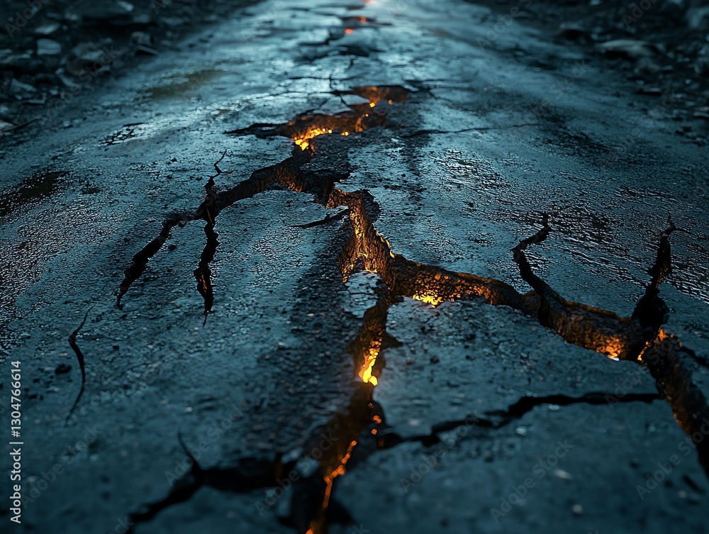 An intense earthquake effect, depicting broken asphalt and split roads ...