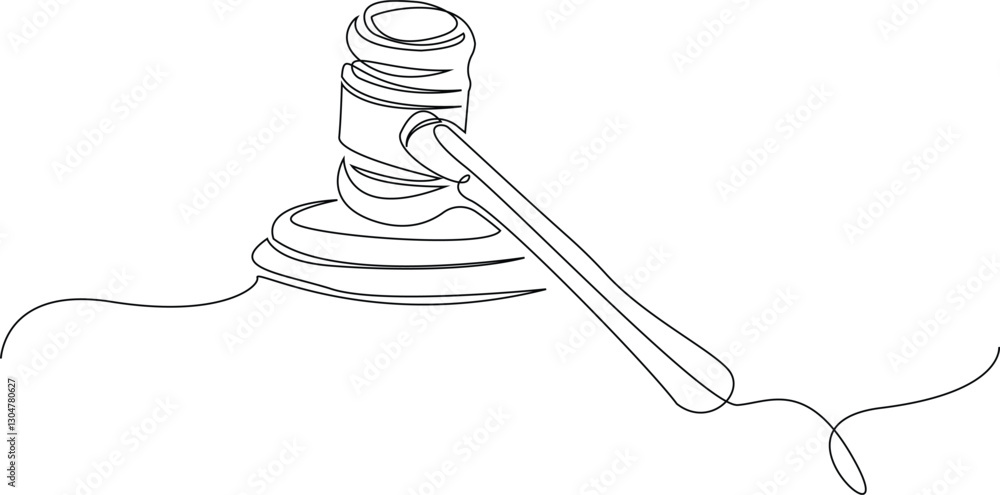 Continuous one line drawing of judge's hammer put over the the block ...