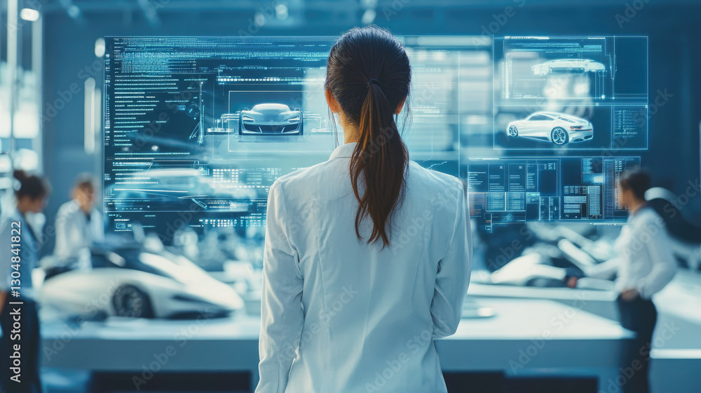 Female Automotive Engineer Uses Digital screen with Augmented Reality ...