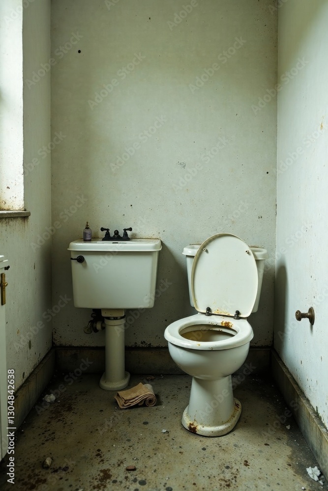 A neglected restroom with aged plumbing fixtures, exhibiting signs of ...