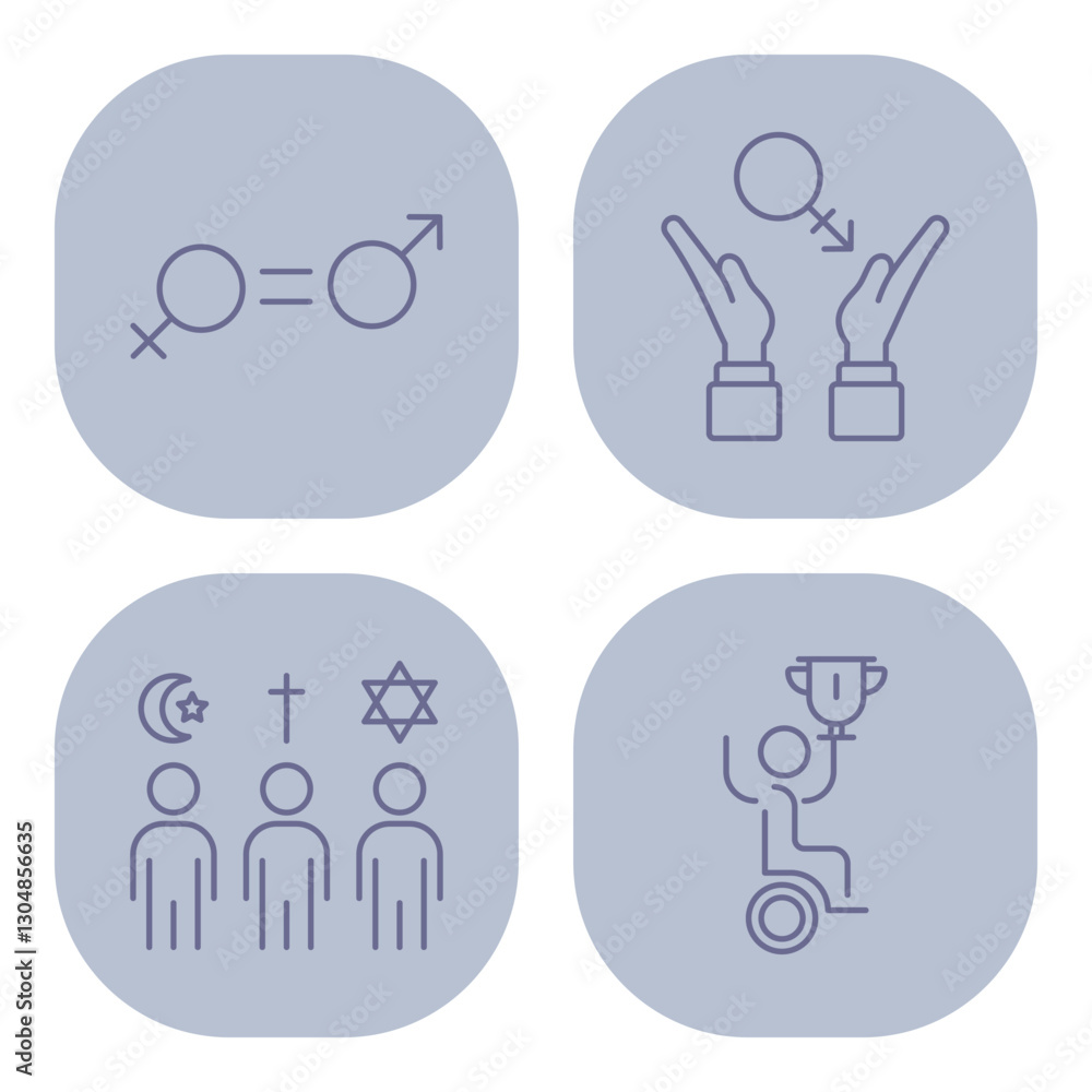 Collection of four icons representing themes of gender equality, faith ...