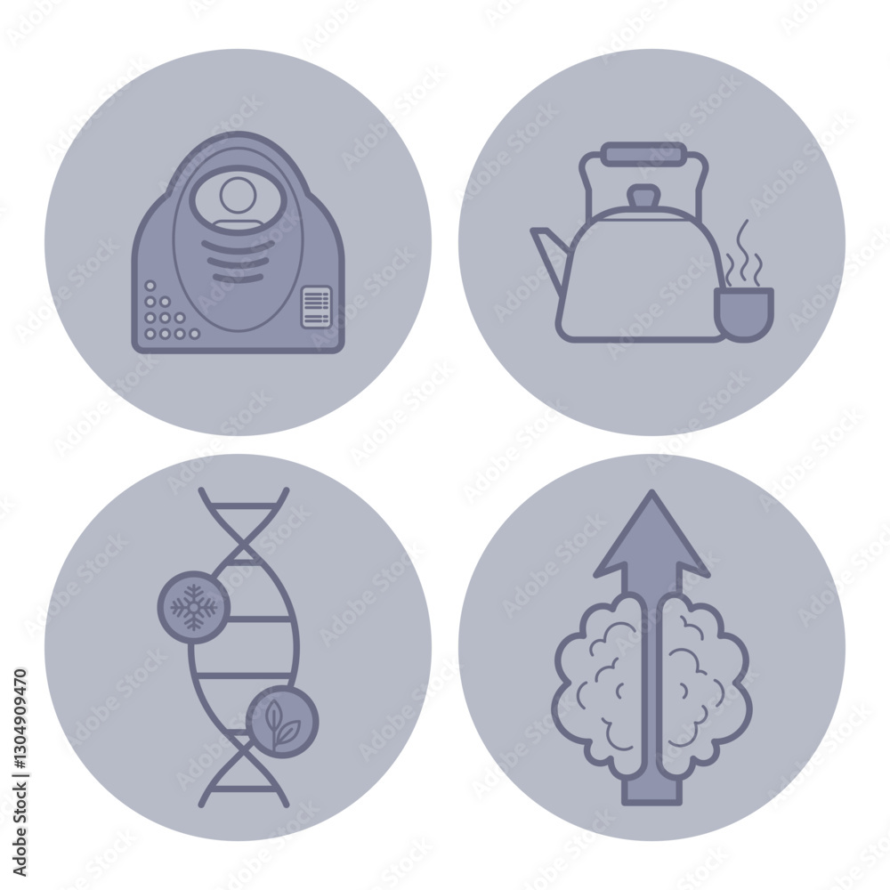 Four icons including MRI scanner, teapot with steam, DNA strand with ...