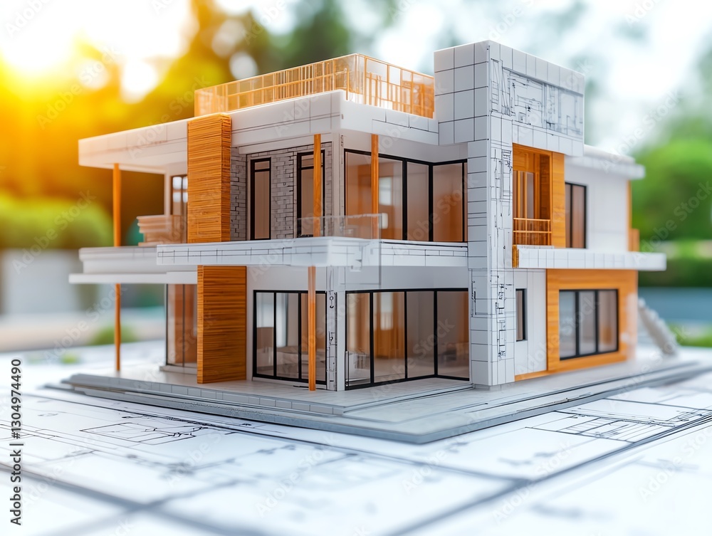 Architectural construction blueprint with floor plans, technical ...