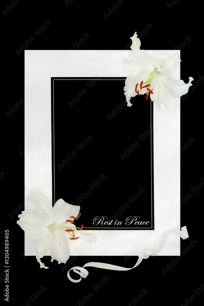 Rest in Peace memorial in sympathy floral card. White lily flowers ...
