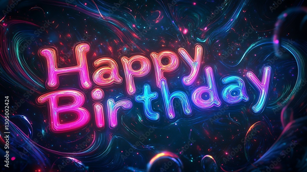 Happy Birthday in bold, iridescent psychedelic style, surrounded by ...