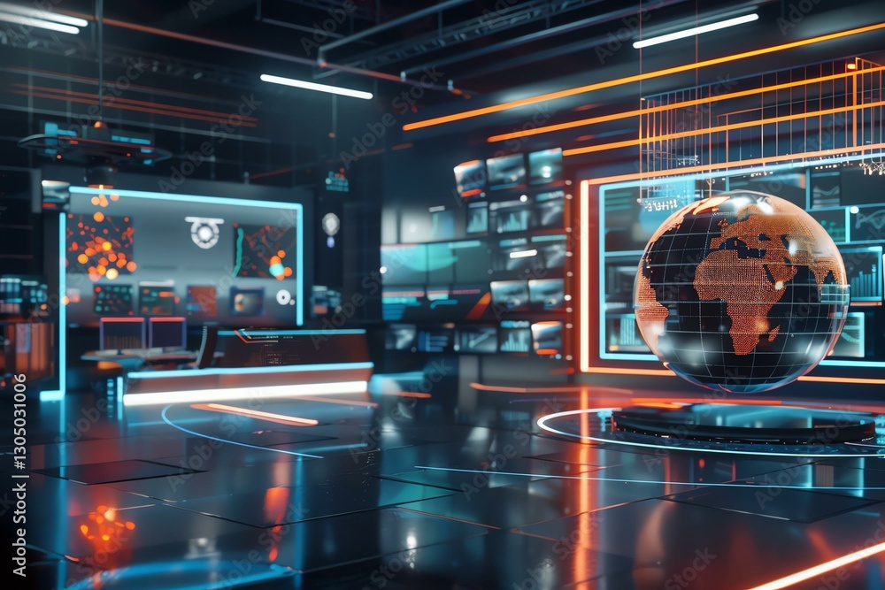 Futuristic digital news studio featuring advanced technology, glowing ...