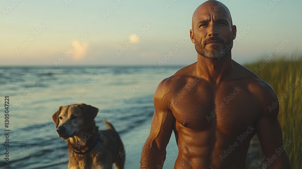 40 year old bald man, walking on secluded beach, with dog, direct gaze ...