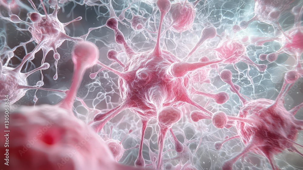 Microscopic view of pink cells with filamentous structures. Stock ...