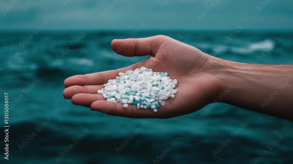 Microplastics on a palm with the ocean in the background. The dangers ...