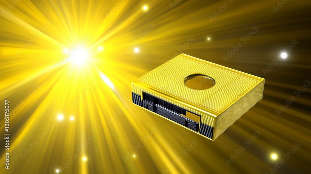 Gold rectangular object with a central circular hole, levitating ...