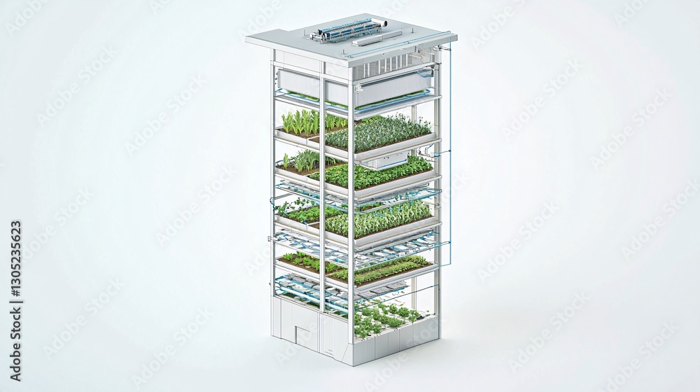 cross-section illustration of a vertical farming tower, showing the ...