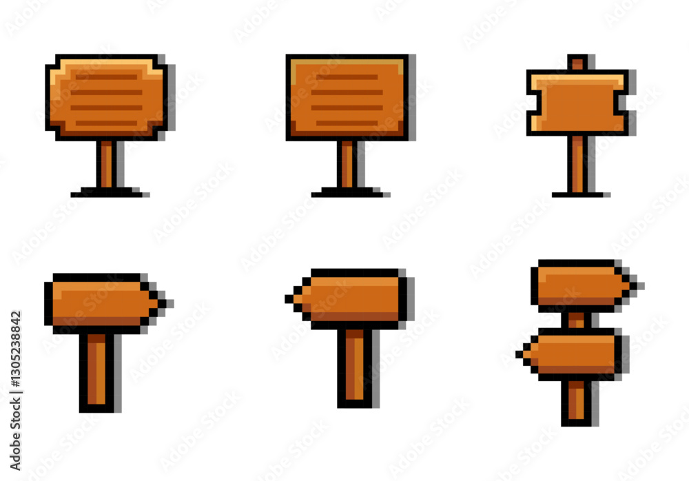 Pixelated wooden signpost set, Pixel art wooden sign icons set, arrows ...
