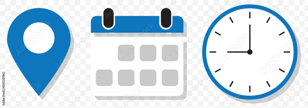 place, time and date icon set. position, clock and calendar symbol. business vector design ...