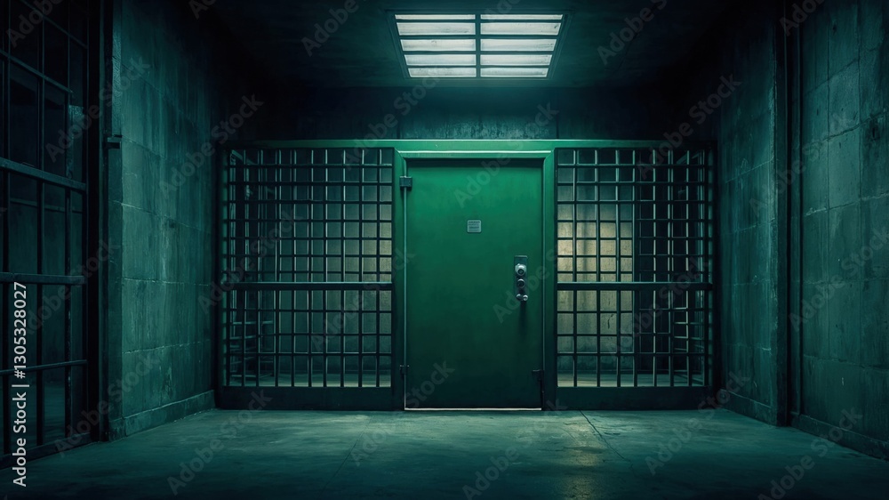 dimly lit jail cell with a green metal door, locked tightly, and a ...