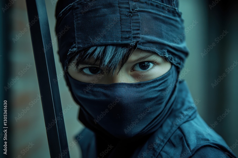 Ninja Kid Costume for Halloween with Mask and Sword. Young Boy Dressing ...