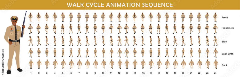 Police Officer Character walk cycle animation sequence. Front walk ...