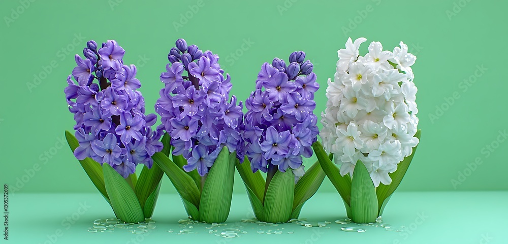 Purple and white hyacinths glistening with fresh dew on a pastel green ...