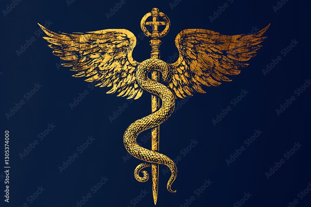 Gold Serpent Wings Staff Symbol on Dark Backdrop Stock Illustration ...