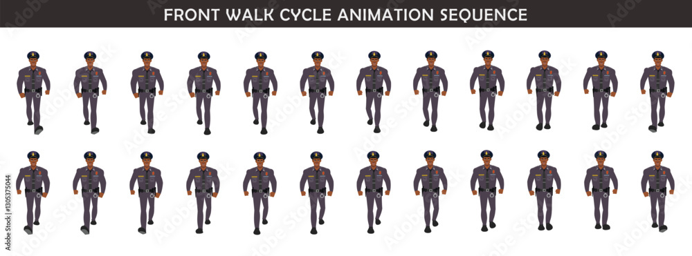 Police Officer Character walk cycle animation sequence. Front walk frame by frame animation ...