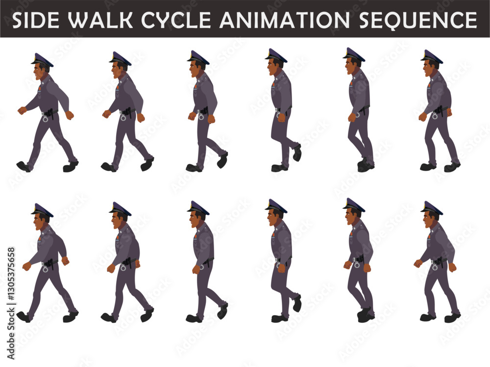 Police Officer Character walk cycle animation sequence. Front walk ...