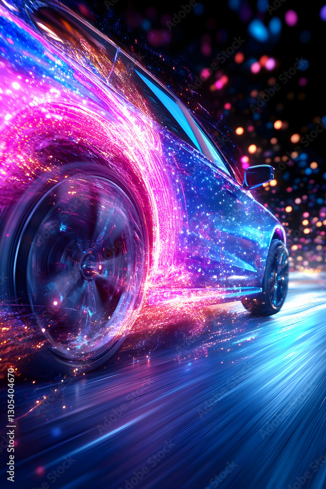 Car speeds forward creating light trail blur effect, road surface, dark ...