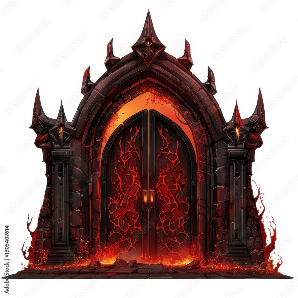 Dark red dungeon double doors of hell with flame designs in anime ...