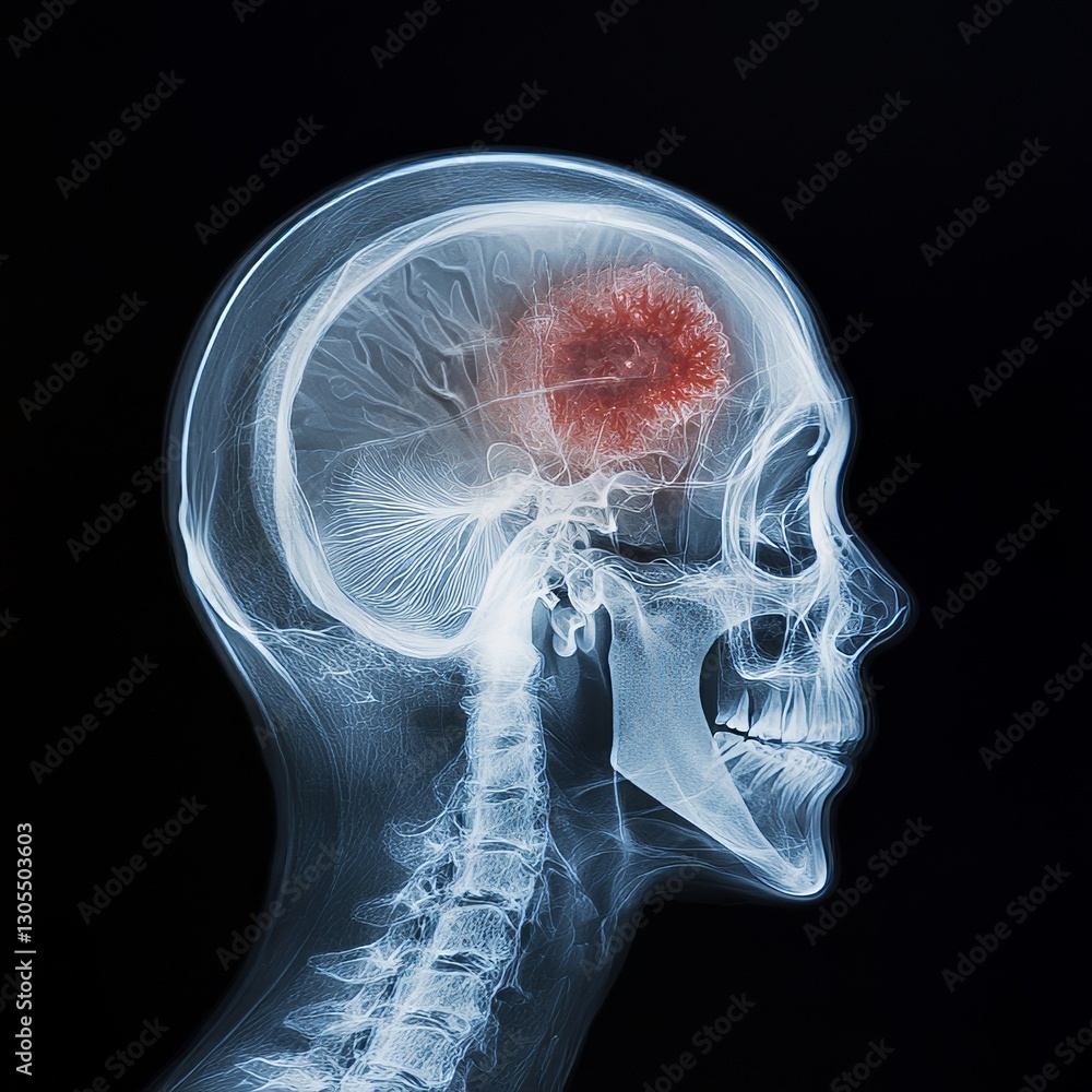 MRI film of the brain featuring a tumor, captured in the sagittal plane ...