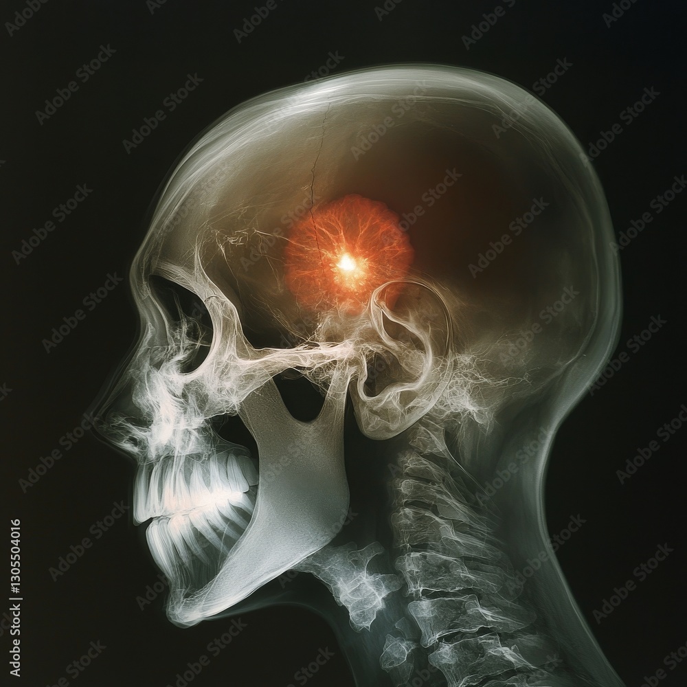 The brain, with a tumor, is depicted in an MRI film, shown in the ...