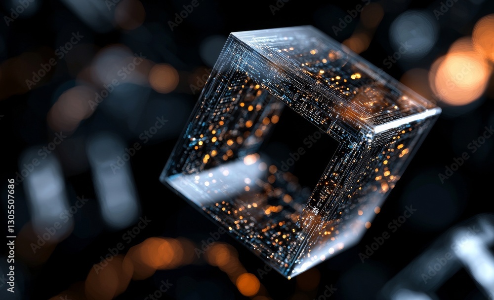 The image features an abstract dark background with a bright box, a ...