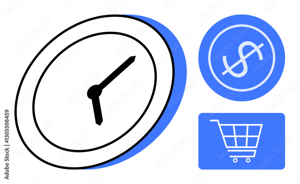 Clock, dollar sign, shopping cart combine to represent time management ...