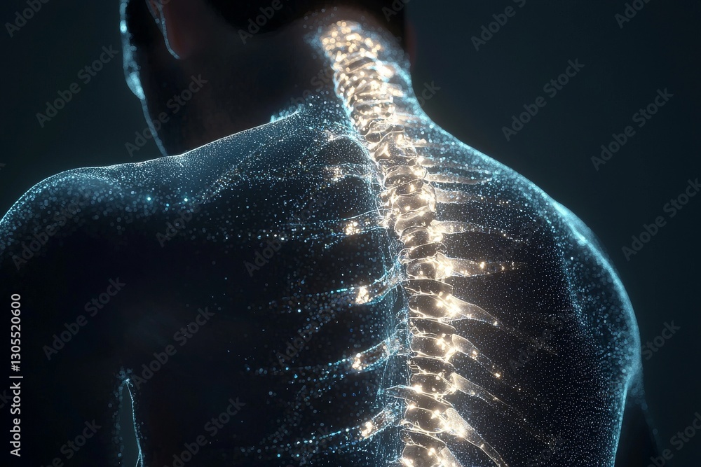 Stock image of a human body rendered in 3D with visible spine and nerve ...