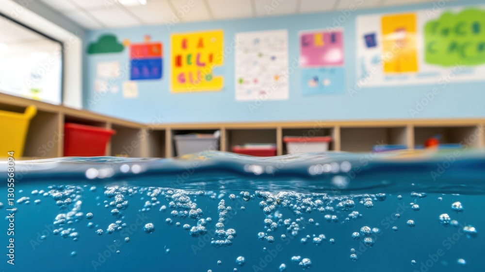 Water surface with bubbles, blurred classroom background with posters ...
