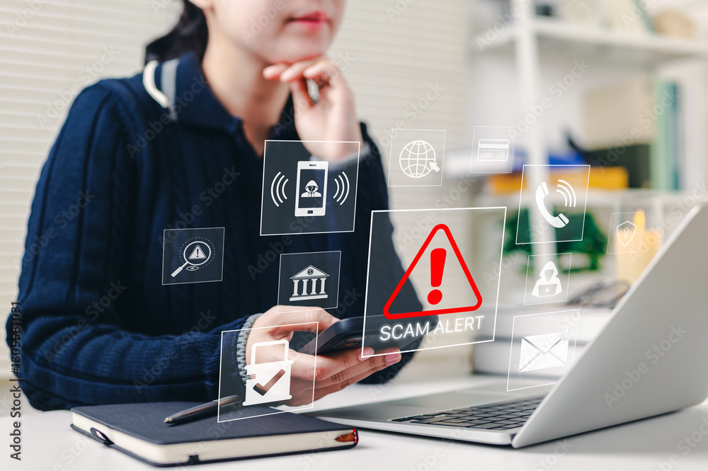 Scam alert warning. cybersecurity concept. Woman using laptop, warning ...