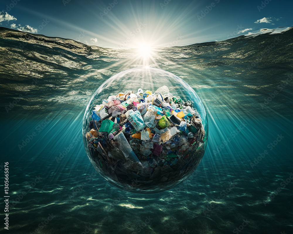 Foto de Stock Underwater scene showing plastic waste sphere, sun rays ...