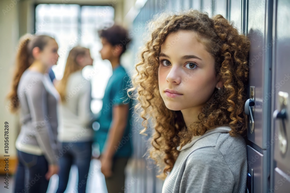 Teen girl facing bullying alone at school hallway with peer pressure in ...
